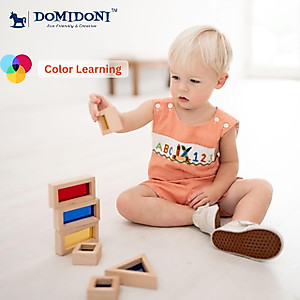 DomiDoni Wood Building Blocks Set - Montessori Toys Wooden Stacking Blocks for Toddlers Baby Boys and Girls - Preschool Shape Sorting and Stacking Wooden Toys Gifts for Kids