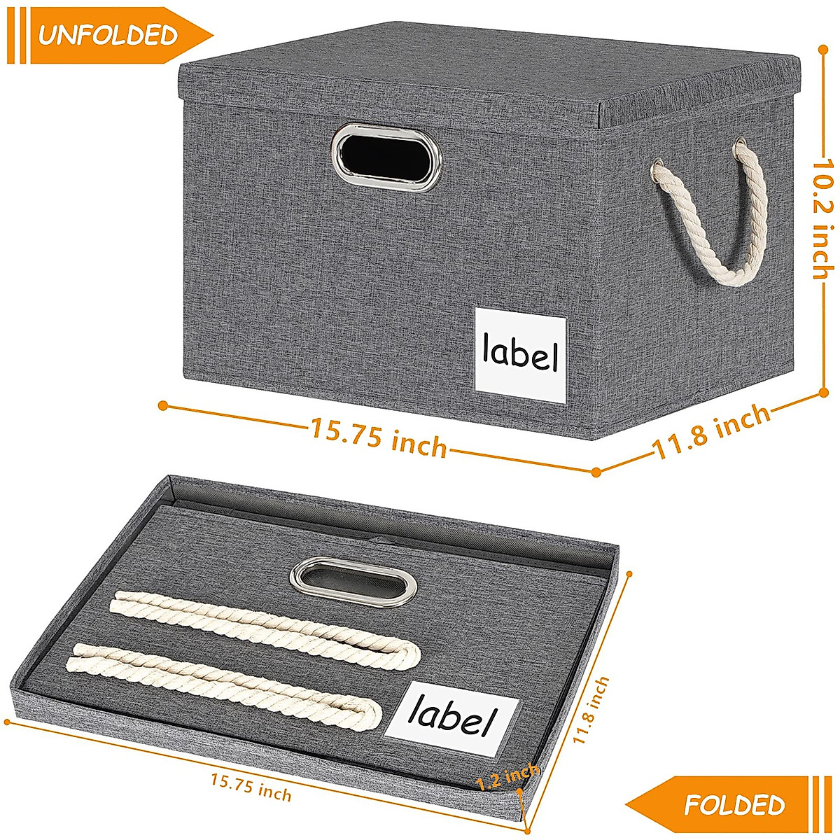 ASXSONN Extra Large Storage Bins with Lids, Fabric Storage Bins with Label & 3 Handles, Foldable Storage Boxes with Lids, Storage Baskets with Lids for Organizing (15.75"x11.8"x10.2", Gray, 3 Pack)