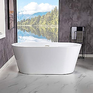 WOODBRIDGE 59" Acrylic Freestanding Bathtub Contemporary Soaking White Tub with Chrome Overflow and Drain，B0014-CH