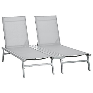 Outsunny Chaise Lounge Pool Chairs Set of 2, Aluminum Outdoor Sun Tanning Chairs with Five-Position Reclining Back, Shelf & Breathable Mesh for Beach, Yard, Patio, Light Gray