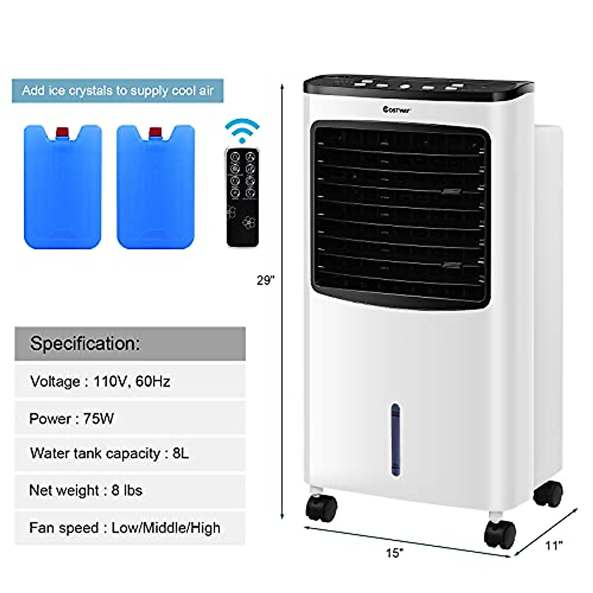 COSTWAY Evaporative Cooler, Portable Cooling Fan with Remote Control, 3-Mode, 3-Speed and 7.5H Timer Function, Water Tank and Casters, Bladeless Air Cooler for Home Office (White)