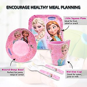 Finex Frozen Queen Elsa Princes Anna 5 Pcs Set Cartoon Durable Tableware Meal Dishes Mealtime Set includes Dinner Serving Bowl Plate Cup with a Matching Spoon & Fork
