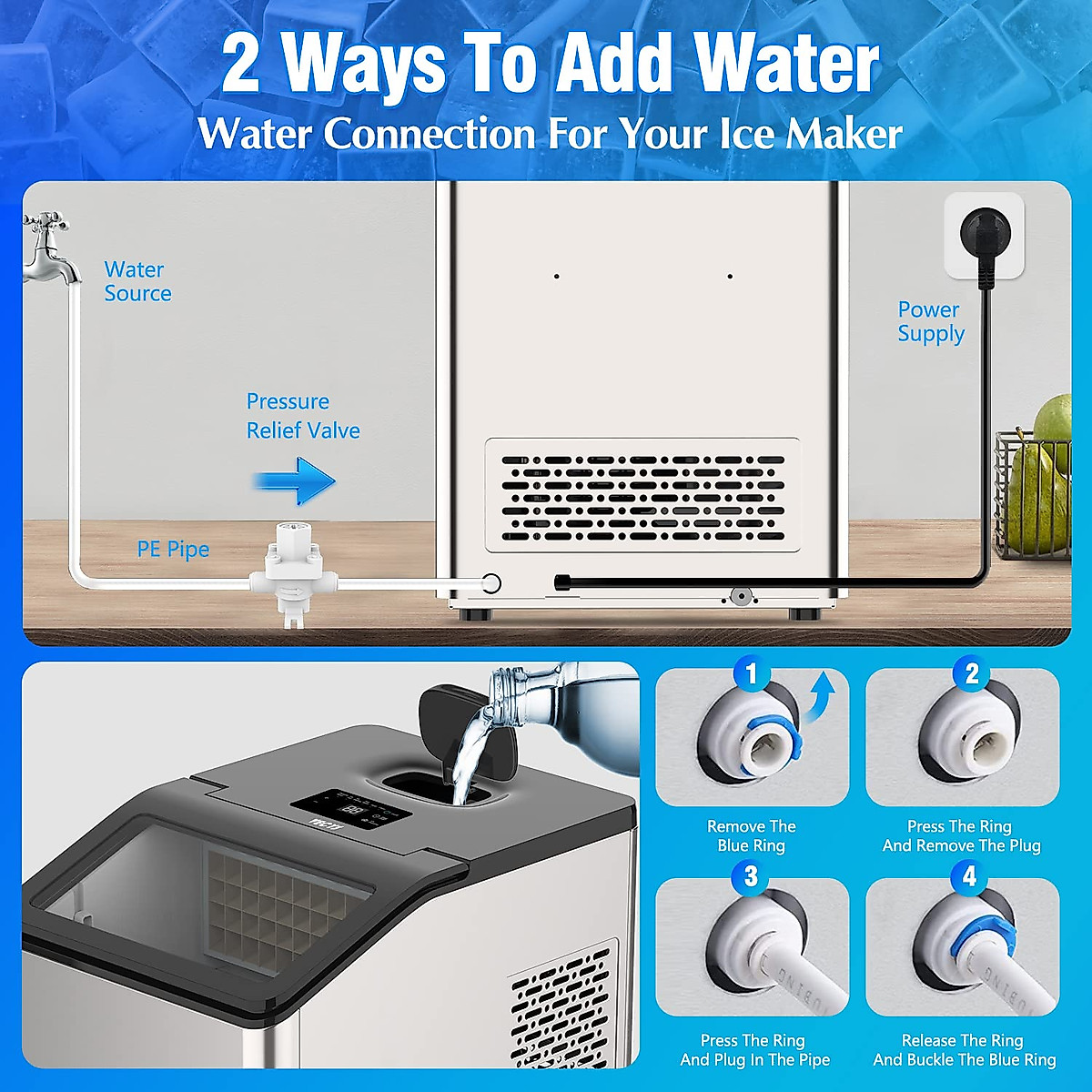 VECYS Large Countertop Ice Maker IC3001, Stainless Steel Commercial Cubic Ice Machine 67LBS Daily 36PCS Ice Ready in 13 Mins, Great for Activities