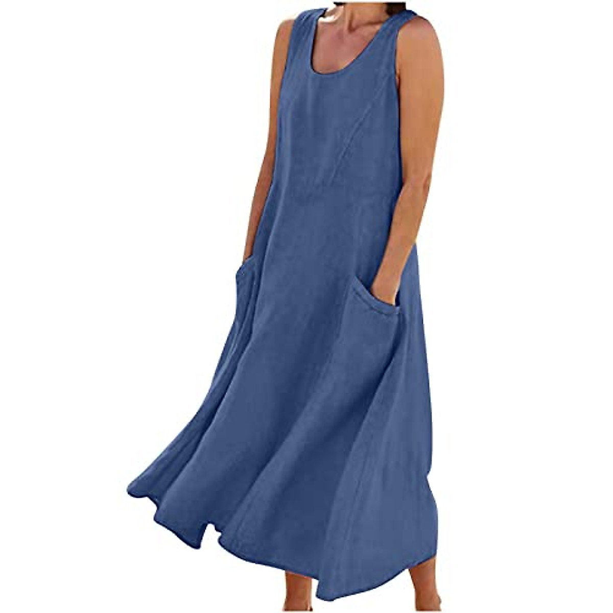 amidoa Summer Cotton Linen Dresses for Women Baggy Loose Sleeveless Summer Midi Dress Ladies Flowy Tank Dress with Pockets