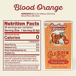 Southern Breeze Cold Brew Sweet Tea Blood Orange Iced Tea with Black Tea and Zero Carbs Zero Sugar, 20 Individually Wrapped Tea Bags (Pack of 2) Southern Sweet Tea Iced Tea Beverage