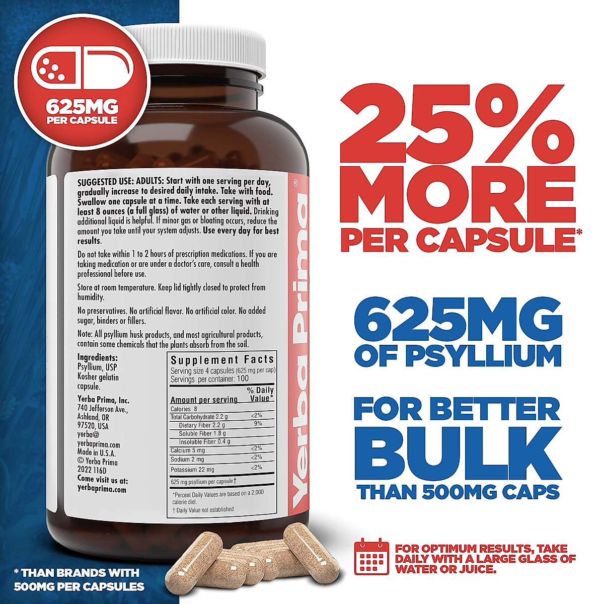 Yerba Prima Psyllium Husks Caps, 625 mg, 400 Capsules - Natural Fiber for Men and Women - Regularity Support Supplement