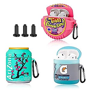 3-Pack Cute Airpods Case for Airpod 2/1, Kawaii 3D Cartoon Funny Airpods Cover Food Design Fashion Silicone Case for Airpods 1&2 Charging Case for Girls Boys Kids (Sport Water+Bubble Gum+Green Drinks)