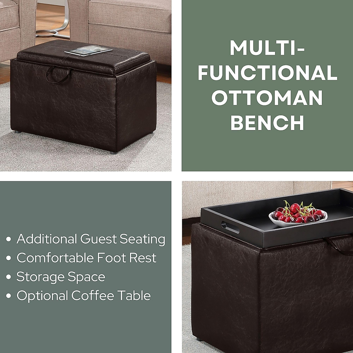 Convenience Concepts Designs4Comfort Accent Storage Ottoman 22.75" - Modern Foot Stool with Decorative Tray for Living Room, Dining Room, Office, Den, Espresso Faux Leather