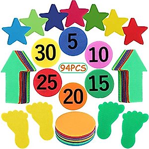 94 Pieces Carpet Markers with Styles of Star, Arrow, Circle, Footprint, Number, Colorful Floor Markers carpet Markers Carpet Circles Dots for Classroom, 8 Colors