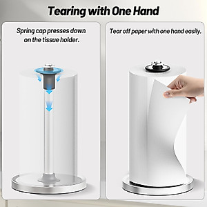 VEHHE Paper Towel Holder Countertop, Silver Paper Towel Holder Stand with Spring Damping for Kitchen Bathroom, One Hand Tear Paper Stainless Steel Paper Towel Holder with Weighted Base and Suction Cup