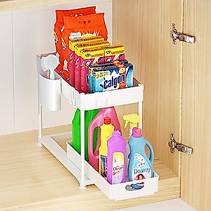 MERRYBOX Under Sink Organizers and Storage, Sliding Under Bathroom Cabinet Organizer, 2 Tier Kitchen Under Sink Organizer Pull Out Drawer with 4 Hooks, 1 Hanging Cup, 4 Non-Slip Feet, White, 1 Pack