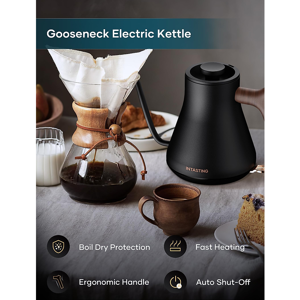 Gooseneck Electric Kettle INTASTING Fast Boiling Hot Water, Pour-over Coffee & Tea, 100% Stainless Steel, 0.9L/30oz, Auto Shut-Off & Boil Dry Protection, Matte Black with Dark Brown Wood Handle