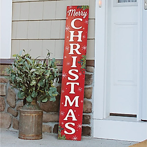 My Word! Merry Christmas Red W/Snowflakes Porch Board Welcome Sign for Front Door Porch Deck Patio or Wall - Indoor Outdoor Decorative Farmhouse Rustic Vertical Porch and Yard Decor 8”x46.5”