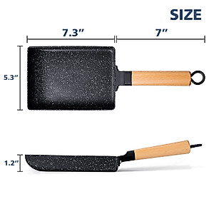 LISOS Tamagoyaki Pan Square Japanese Omelette Pan,Non-stick Egg Roll Pan,Rectangle Frying Pan Wood Handle,with Silicone Brush & Black silicone spatula,Black