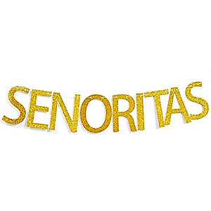 Margaritas Senoritas Gold Glitter Banner, Prestrung Mexican Fiesta Party Supplies