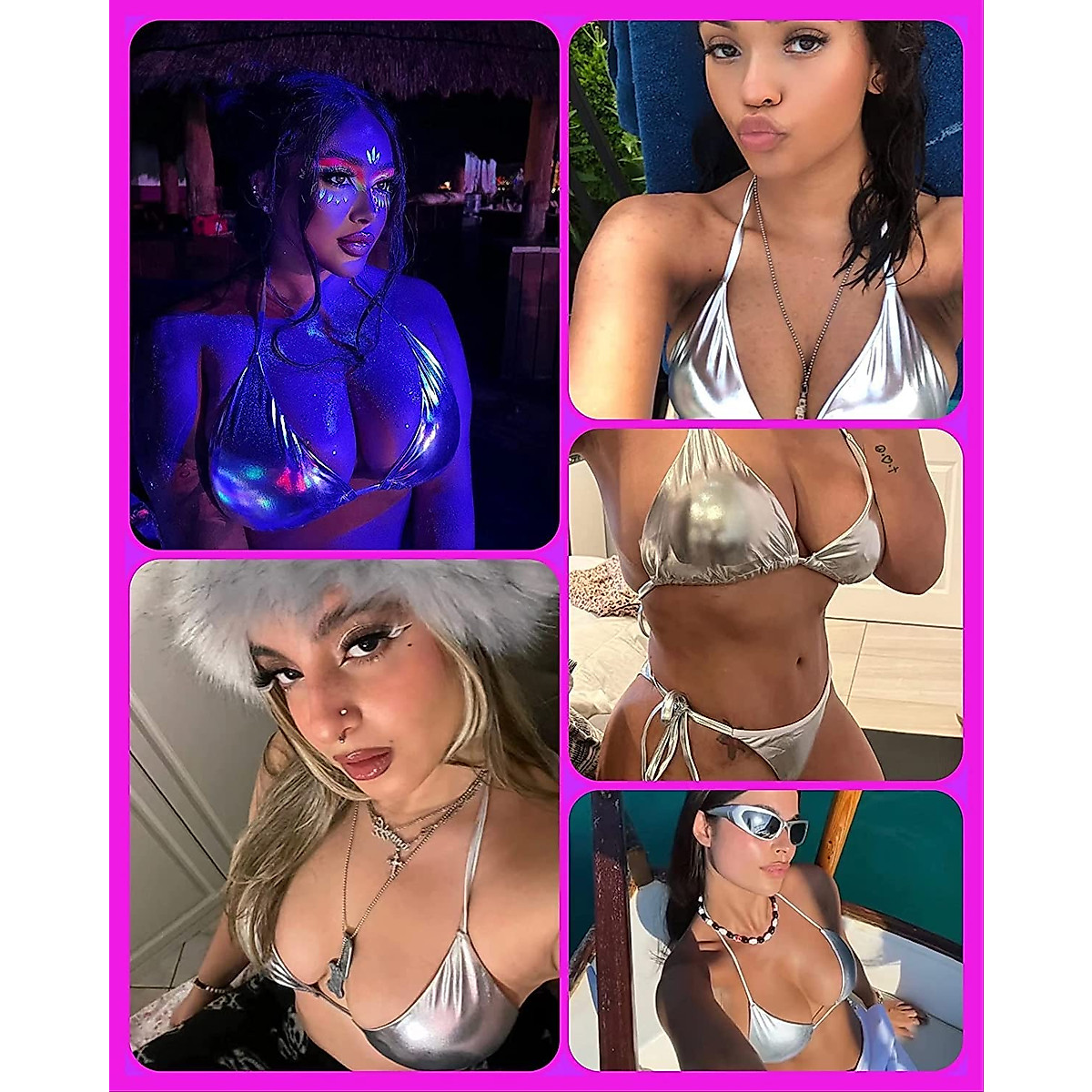 Ella Lust Metallic Bikini for Women - Silver Bathing Suit High Waisted Tie Side Thong Bottom Triangle Top Shiny Swimsuit(Silver,XS,1026a)