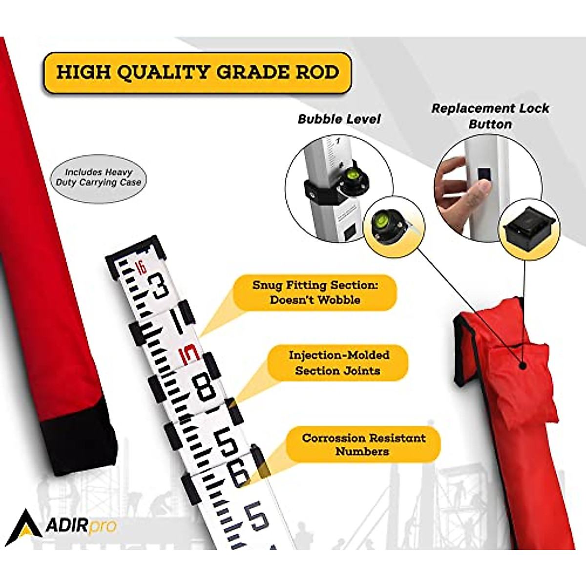 AdirPro 16-Foot Aluminum Grade Rod - 10ths, Dual Sided 5-Section Telescopic Leveling Rod – Bubble Level and Soft Carrying Case Included