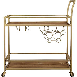 FirsTime & Co. Gold and Brown Francesca Bar Cart, 2 Tier Mobile Mini Bar, Kitchen Serving Cart and Coffee Station with Storage for Wine and Glasses, Metal and Wood, Modern