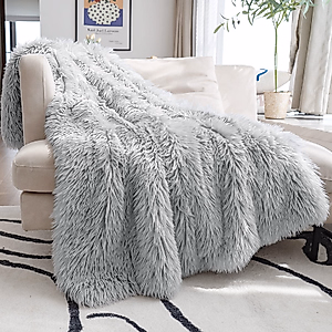 JONIYEAR Decorative 2.8" Long Hair Soft Fuzzy Faux Fur Throw Blanket 50" x 60",Luxury Reversible Fluffy Blankets for Couch Sofa Chair,Lightweight Accent Cozy Plush Thick Warm Shaggy Furry Blanket,Grey