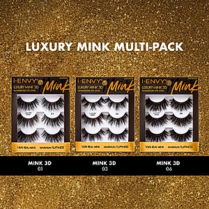 i-ENVY False Lashes, Mink 3D Lashes Value Pack Real Mink Maximum Fluffy Wispy Luxury Glamorous Natural Look Reusable Eyelashes (01)