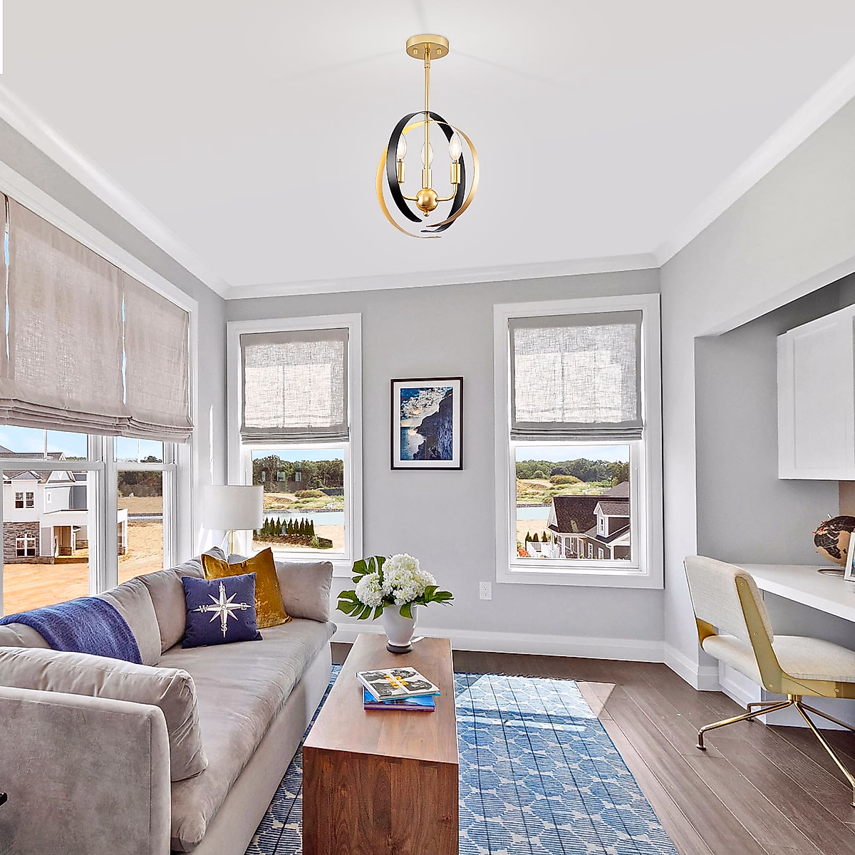 VIOLOEMI Black and Gold Pendant Light, Modern Globe Chandeliers for Dining Room, Adjustable Height 3-Light Farmhouse Foyer Hallway Entryway Kitchen Island Lighting Fixtures(Bulb Not Included)