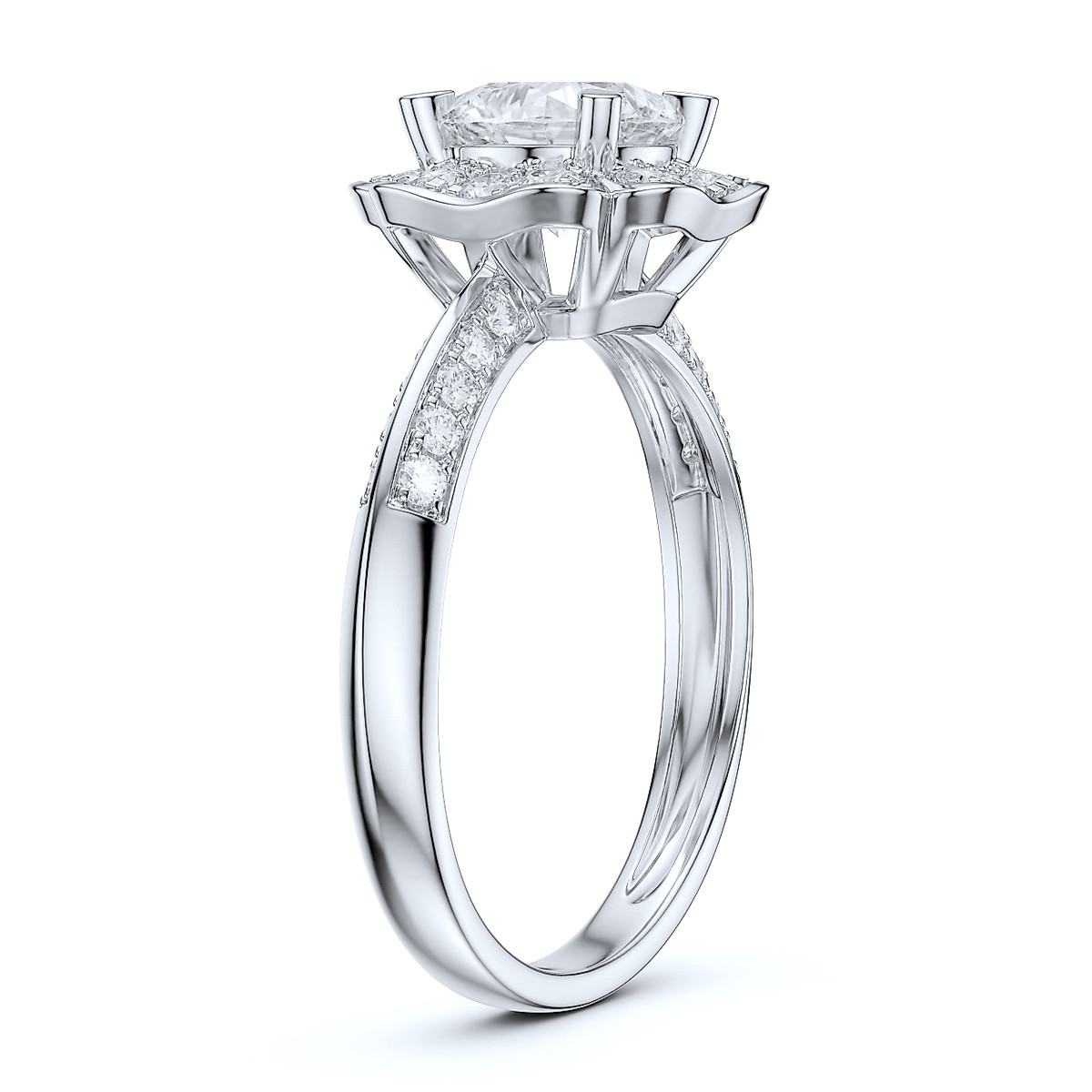 PRSTANI Real 14k White Gold Romantic Flower Like Clovers Halo 4-Prong Set 1.0 CT Simulated Diamond Engagement Ring (6.5)