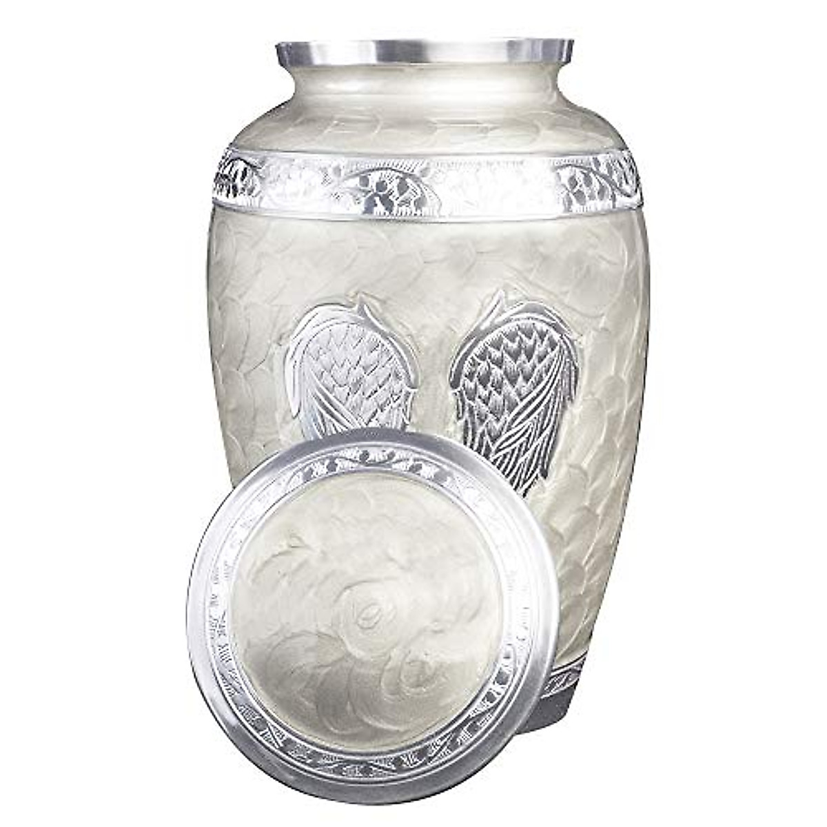 Custom Engraved Angel Wings Funeral Cremation Urn with Velvet Bag (Pearl White, Large)