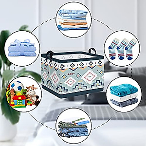 Clastyle Rectangle Blue Boho Clothes Storage Baskets Collapsible Waterproof Geometric Storage Bin for Living Room, 15.7 * 11.8 * 11.8 in