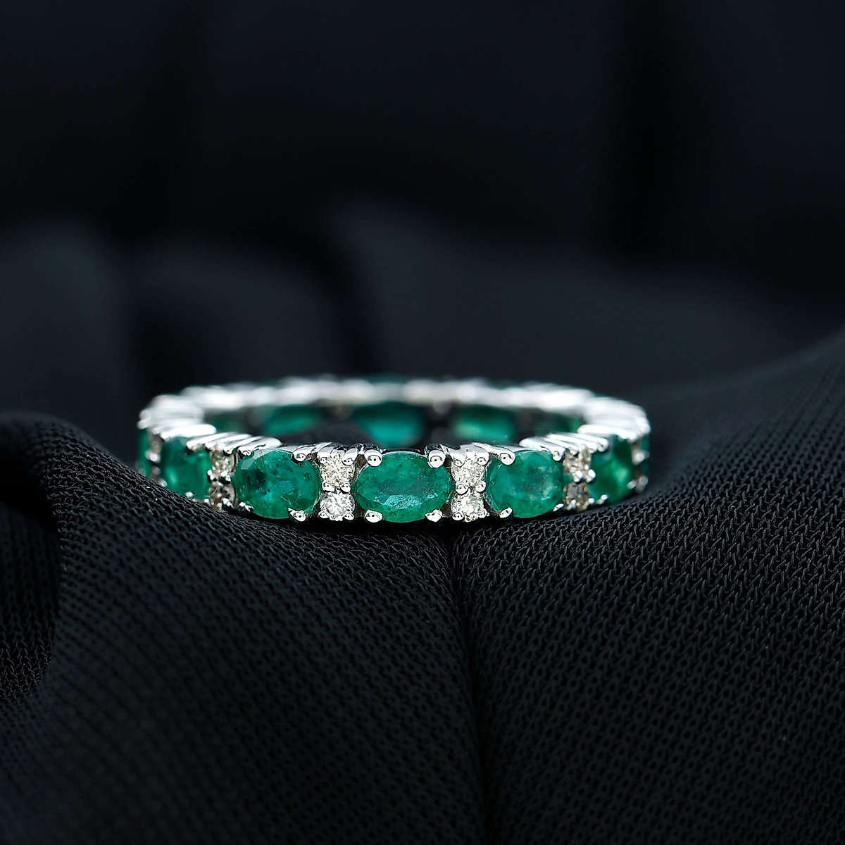 Rosec Jewels Natural Emerald Wedding Band for Women, AAA Quality, Certified Emerald Diamond Full Eternity Ring - Ready To Gift, 14K White Gold, Size:US 6.50