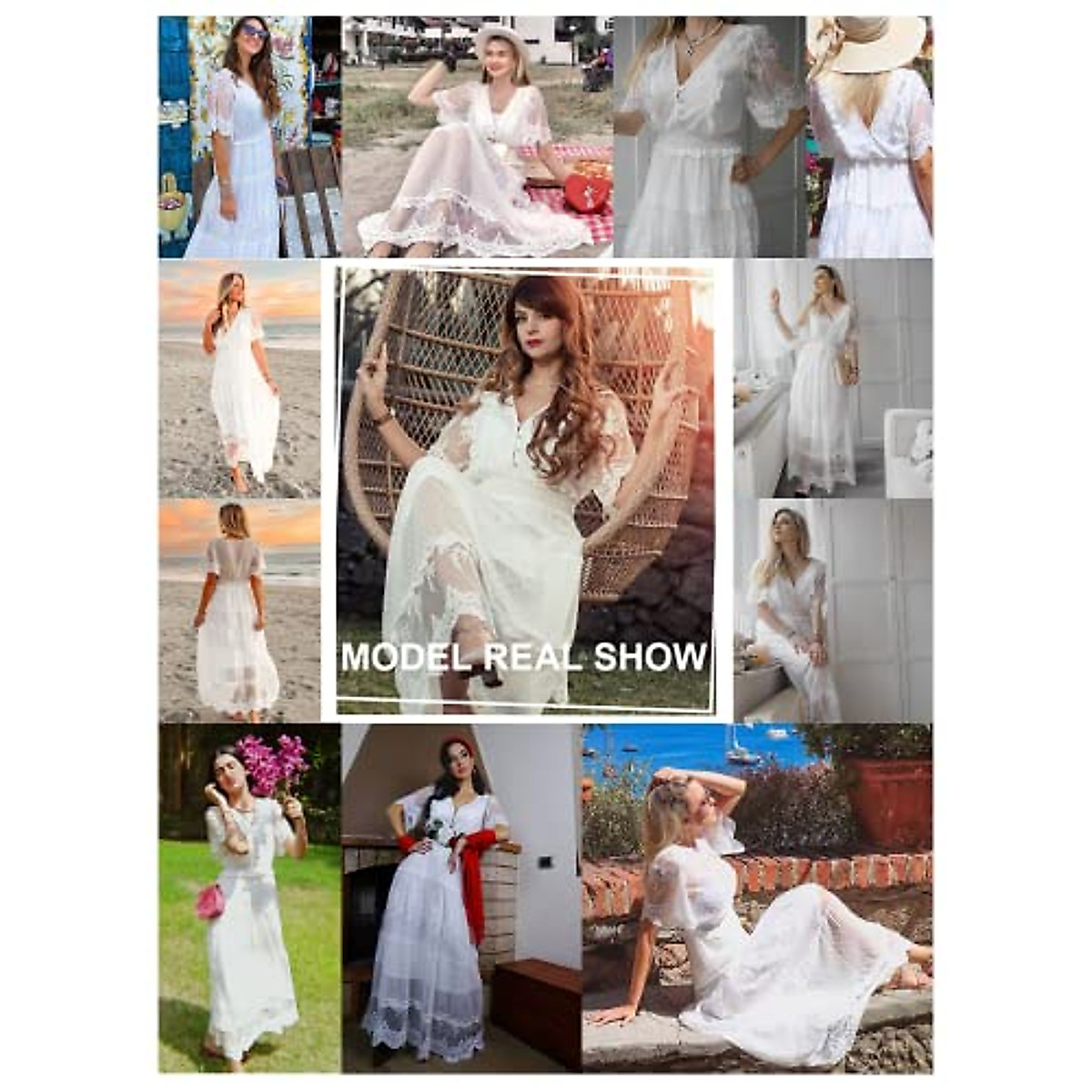 Bdcoco Women's V Neck Button Down Floral Lace Maxi Dress Casual Short Sleeve Boho Flowy Dresses White