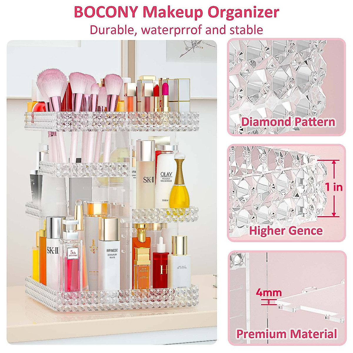 BOCONY Rotating Makeup Organizer, Large Capacity Cosmetic Display Case, Acrylic Skincare Organizer with Makeup Brush, Makeup Storage Organizer for Dresser Countertop and Bathroom Vanity - Clear