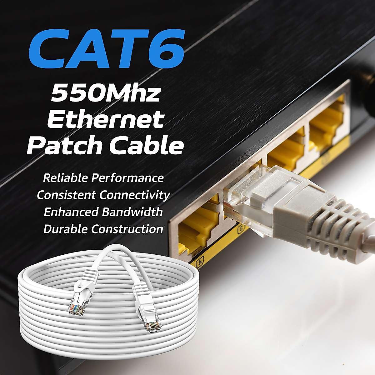 Cables Direct Online Cat6 100FT Network Ethernet Patch Cable, 550Mhz Internet Wire, Compatible with PC, Laptop, Modem, Router, TVs, Printer Cord, Consoles for Home and Office, White