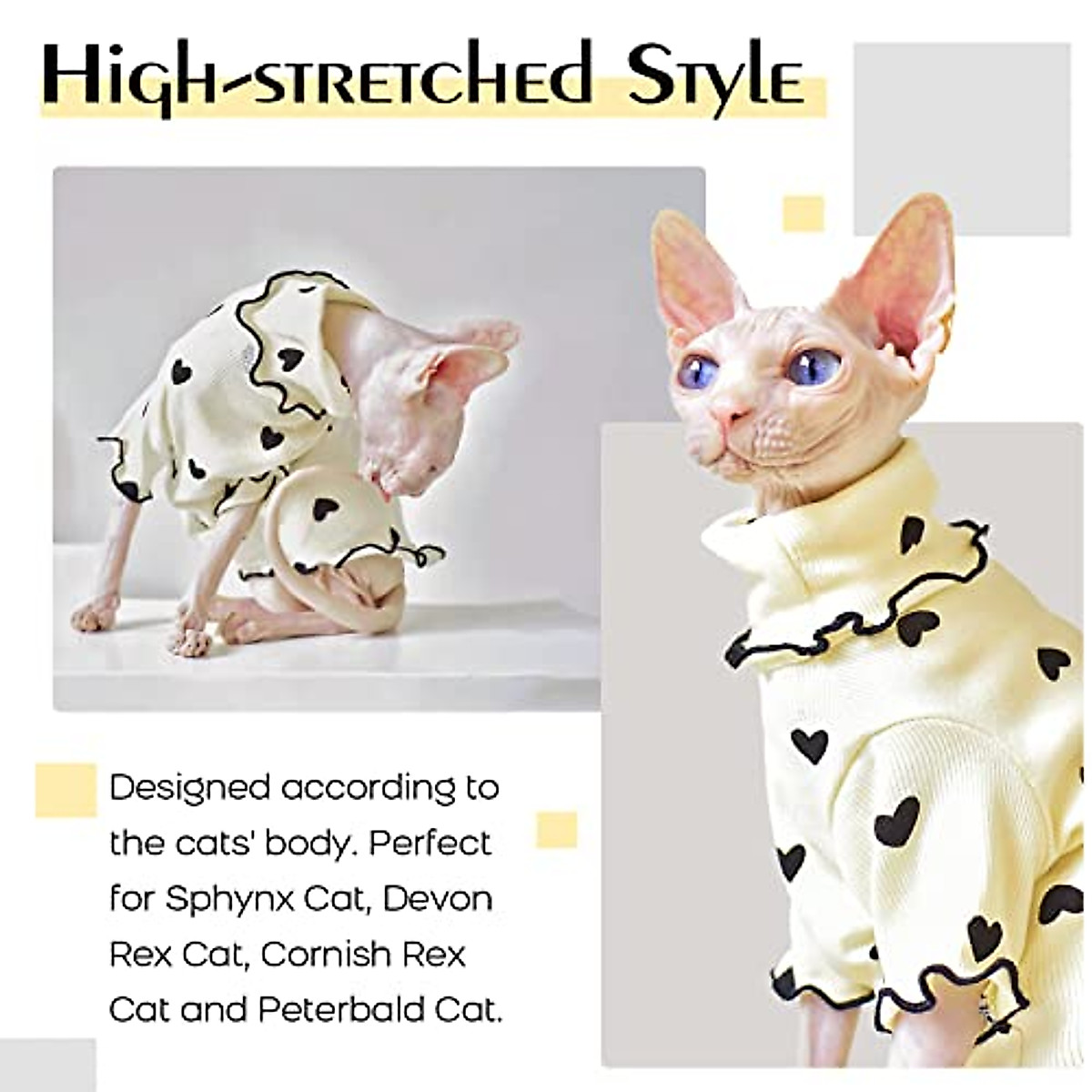 Bonaweite Sphynx Hairless Cats Clothes, Cotton Cute Heart Pattern Sweater T-Shirts with High Collar, Soft Breathable Puff Sleeves Kitten Cat Wear Shirt Apparel for Cornish Rex, Devon Rex, Peterbald