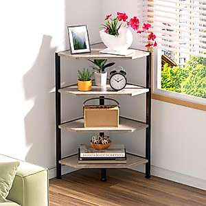JOOLESER Corner Shelf - 4-Tier Corner Bookshelf with Metal Frame - Small Corner Shelves - Wood Corner Display Shelf for Living Room, Bedroom (Grey)