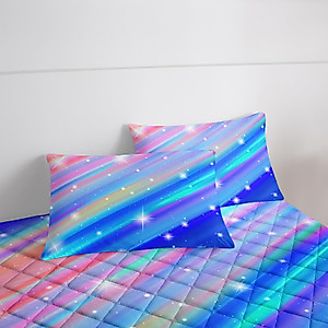 Blue Rainbow Glitter Twin Size Fitted Mattress Pad,Waterproof Fitted Sheet Set，Bedding Quilted Noiseless Mattress Protector Stretches up to 15 Inches Deep,Breathable Bed Mattress Cover 39x75 Inches