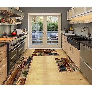 Rustic Cabin Wildlife Kitchen Rug Sets 3 Piece Maple Leaf Bear Moose Deer Country Comfort Mat Farmhouse Floor Mats Washable Doormat Anti Fatigue Non-Slip Kitchen Runner Rugs Bedroom Area Carpet