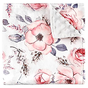 Baby Blanket for Girls, Super Soft Double Layer Minky Blankets with Dotted Backing, Floral Newborn Nursery Bed Blanket, Pink Flower, 30 X 40 Inches