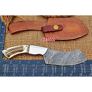 HUNTEX Handmade Hand-Forged Twist Pattern Damascus Steel 9 Inch Long Full Tang Natural Deer Antler Handle Razor Sharp Hunting Camping Cleaver Knife w/Genuine Leather Sheath