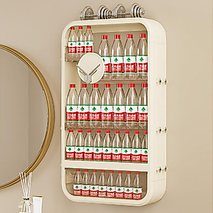 HOLMZCED Wall Storage Rack with Open Storage, Floating Cosmetics Rack with Large Capacity Wall Mounted Storage Shelf with Tissue Hole 4 Tiers Makeup Organizer with Hooks Beige for Bathroom Bedroom