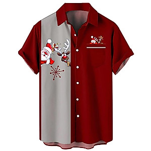Hodaweisolp Mens Halloween Christmas Shirts Funky Santa Button Down Shirt Printed Short Sleeve Bowling Shirts Wine Santa Elk-XXL