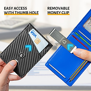 GSOIAX Slim Leather RFID Bifold Wallet for Men with Money Clip and 12 Credit Card Holders - Minimalist Front Pocket Wallet with ID Window, Cool Groove Design (Carbon blue)