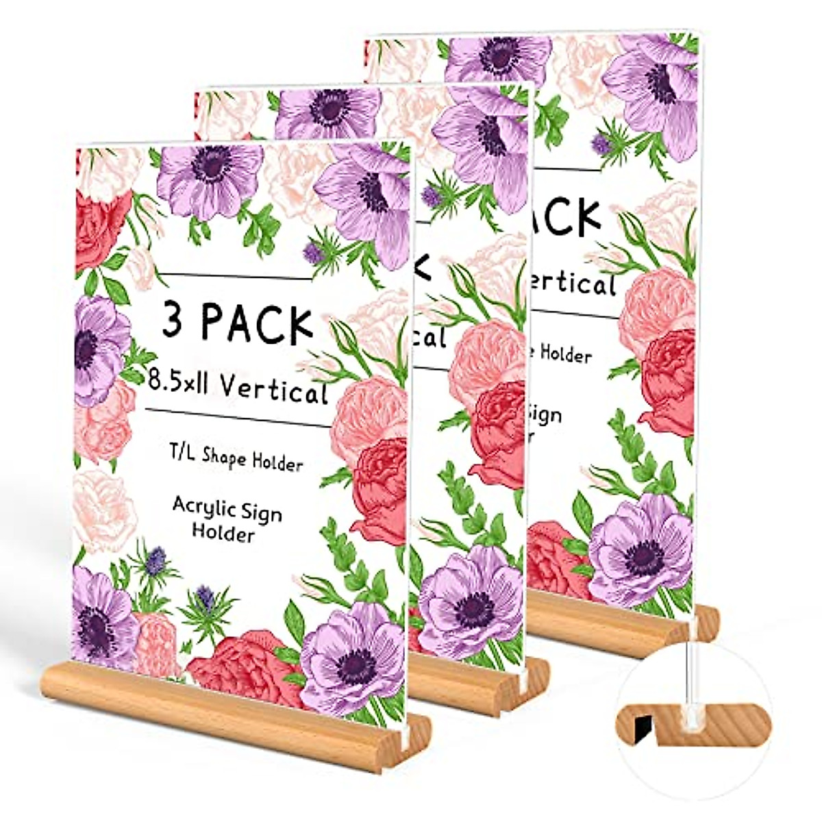 3 Pack Acrylic Sign Holder, L/T Shape Clear Acrylic Frames Wood Base, Table Menu Display Stand for Office, School, Restaurant (8.5 x 11)