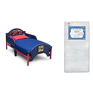 Delta Children Plastic Toddler Bed, Marvel Spider-Man + Delta Children Twinkle Galaxy Dual Sided Recycled Fiber Core Toddler Mattress (Bundle)