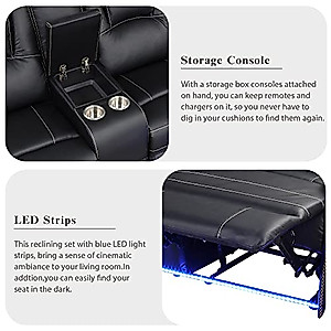 Evedy Living Room Furniture Sets, Sectional Sofa with LED Light Strip,Modern Faux Leather Manual Reclining with Center Console,PU Symmetrical Couch with 2 Cup Holders and Storage, Black e