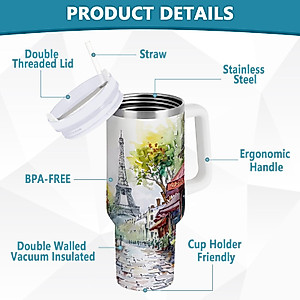 ODAWA Eiffel Tower Florist Cafe 30 Oz Travel Tumbler with Lid and Straw Travel Coffee Mug