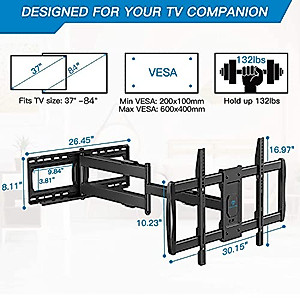 PERLESMITH Long Arm TV Wall Mount for 37-84 inch TVs, Full Motion TV Mount with 42.72 inch Extension Articulating Arm Swivel and Tilt, Max VESA 600x400mm, Holds up to 132 lbs, 16”,18”, 24” Studs