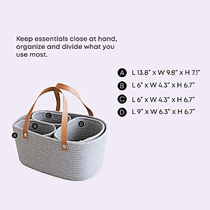 Oliver & Emilia Storage Basket – Portable Small Decorative Woven Cotton Rope Organizer - Leather Handle & Three Removable Bins for Toy, Baby Gift, Laundry, Living Room, Nursery, Towel, Blanket - Grey