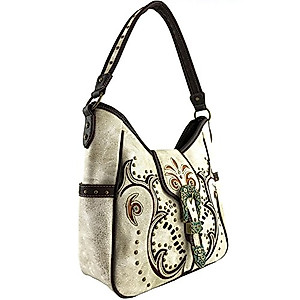 Justin West Patina Girl Western Bronze Floral Buckle Handbag Purse Tote and Strap Wallet (Beige Tote and Wallet)