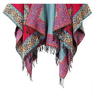 Urban CoCo Women's Printed Tassel Open front Poncho Cape Cardigan Wrap Shawl (Red)