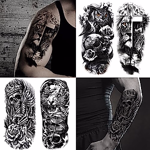 JEEFONNA 72 Sheets Temporary Tattoo for Men Women Adults, Include 12 Sheets Large Black 3D Realistic Tattoos Half Sleeve Temporary Tattoos, Include Black Scary Lion Wolf Tiger Skull Fake Tattoos …